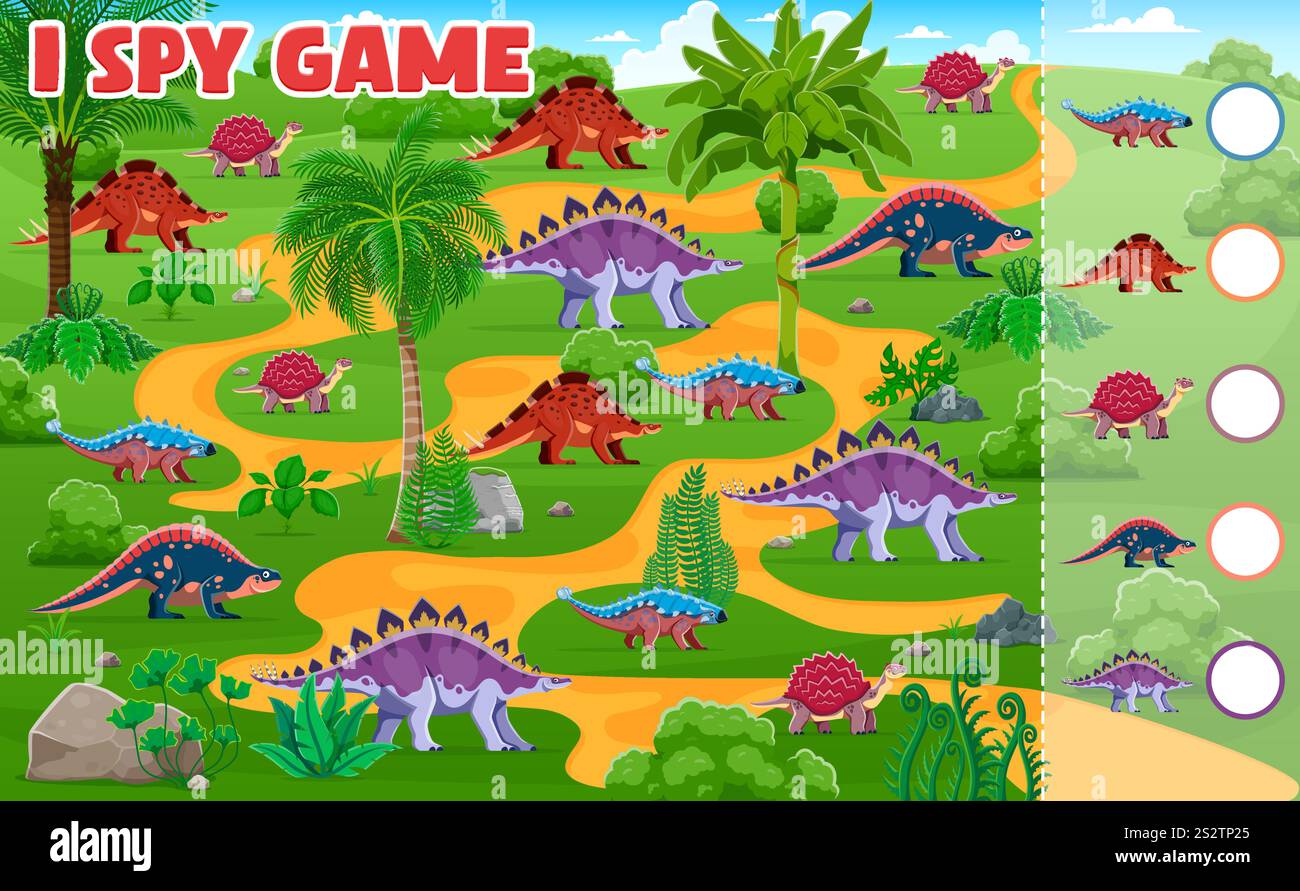 Prehistoric dinosaurs on kids I spy game worksheet, vector dino puzzle ...