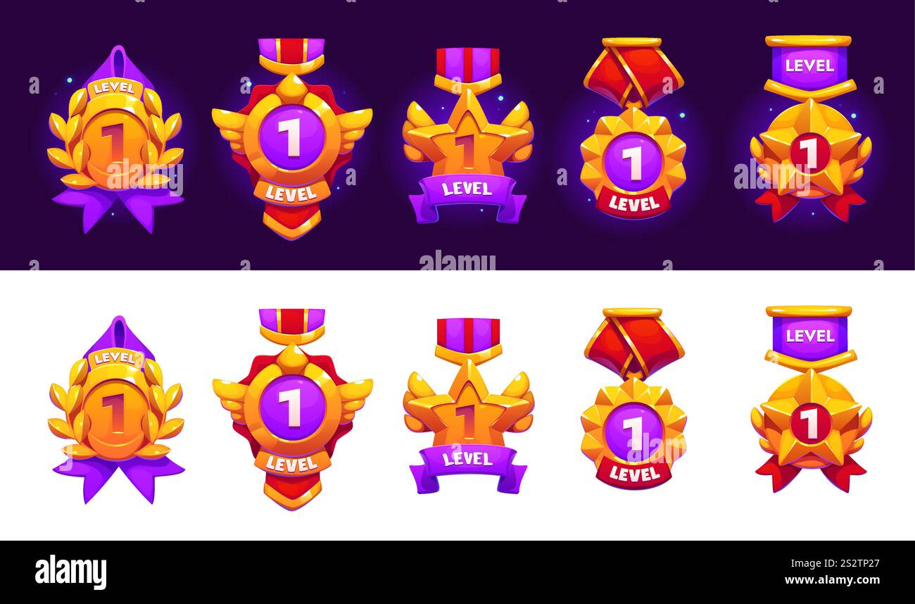 Game rank level up badge icons, victory shields asset. Cartoon vector reward, user rate trophies ...