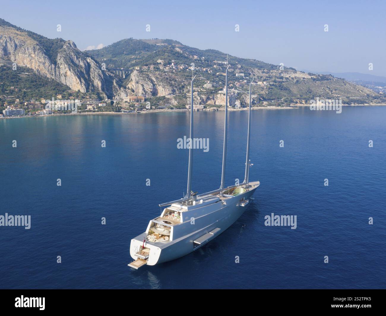 Aerial view 143 metre long three-master Sailing Yacht A, the largest ...