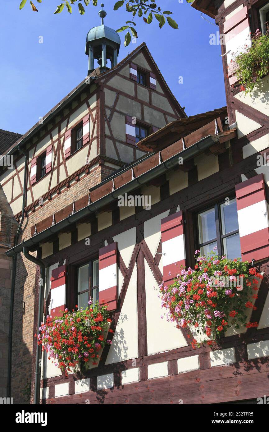 Geraniums in flower boxes on the windows of a half-timbered house ...