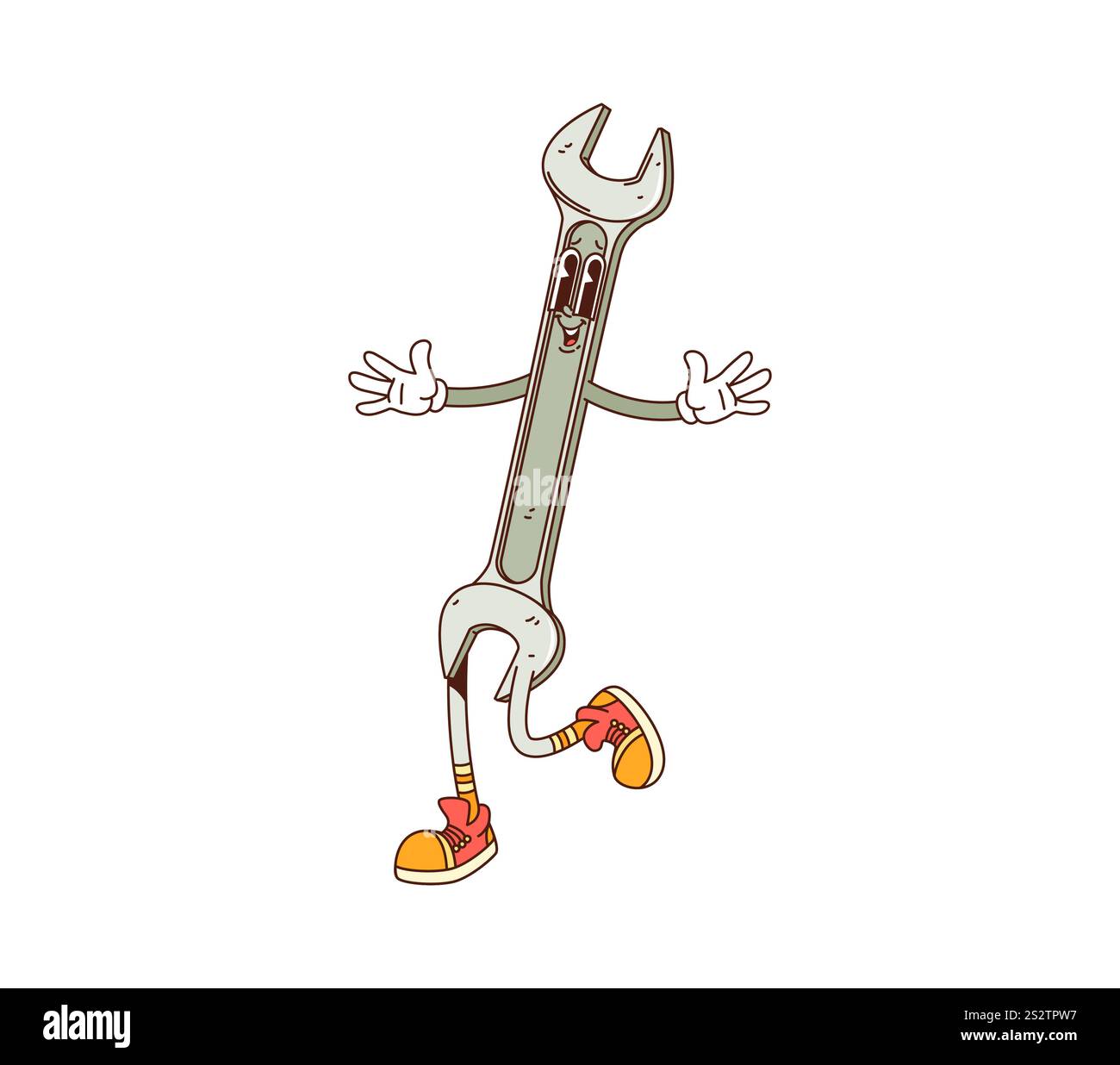 Groovy cartoon wrench work tool or DIY character with funny face ...