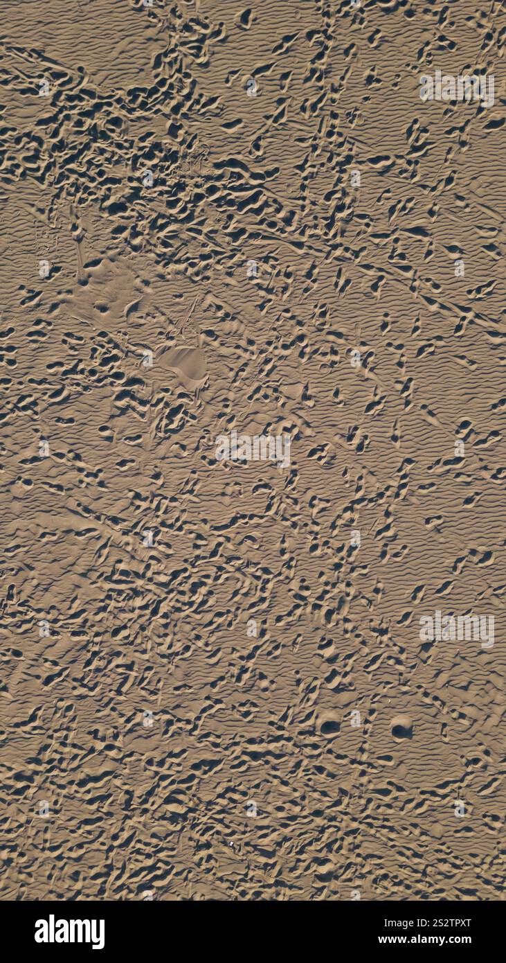 Aerial view of human footprints in the golden sand on a tropical beach ...