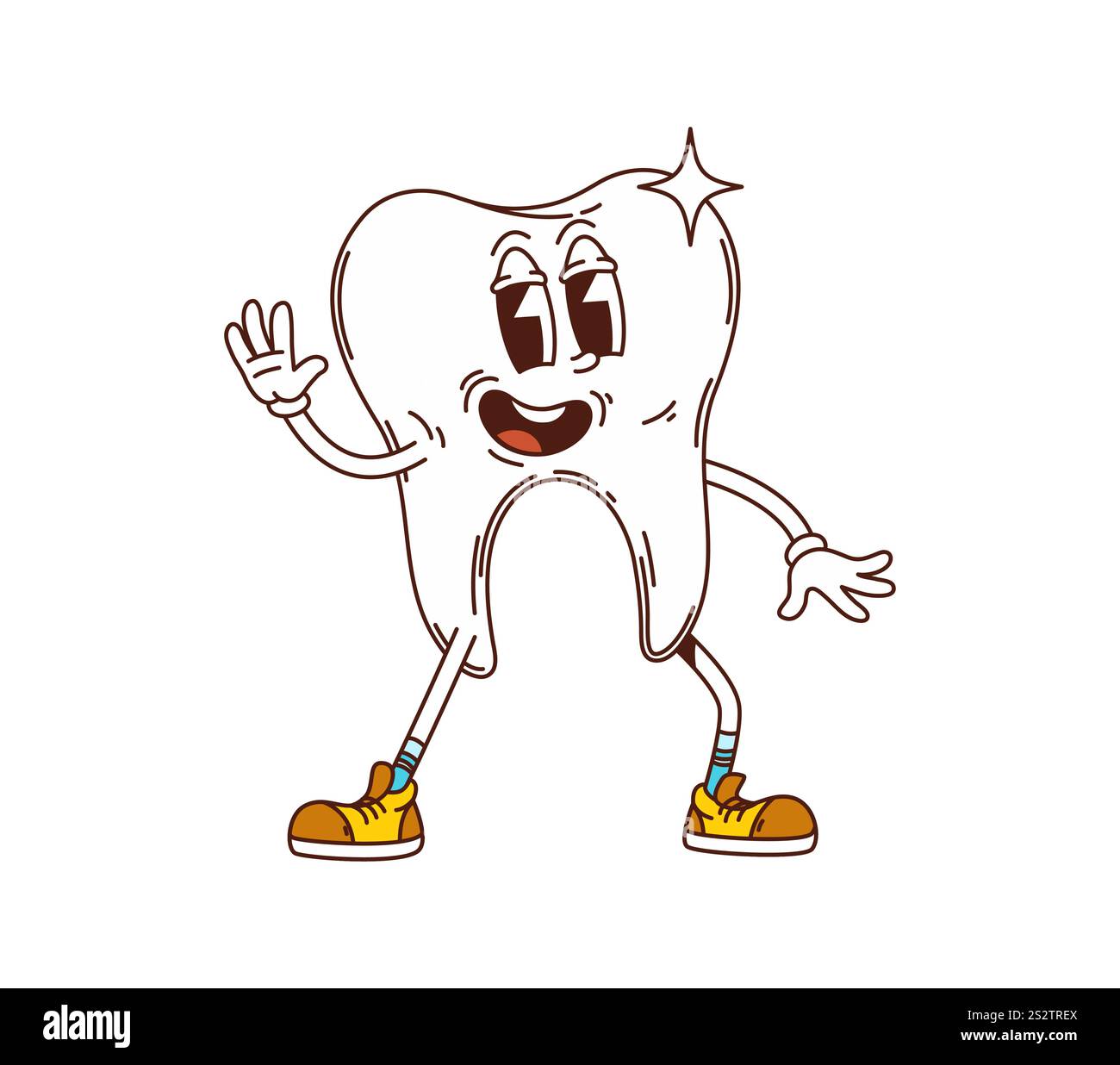 Cartoon groovy tooth medicine and health character smiling and waving ...