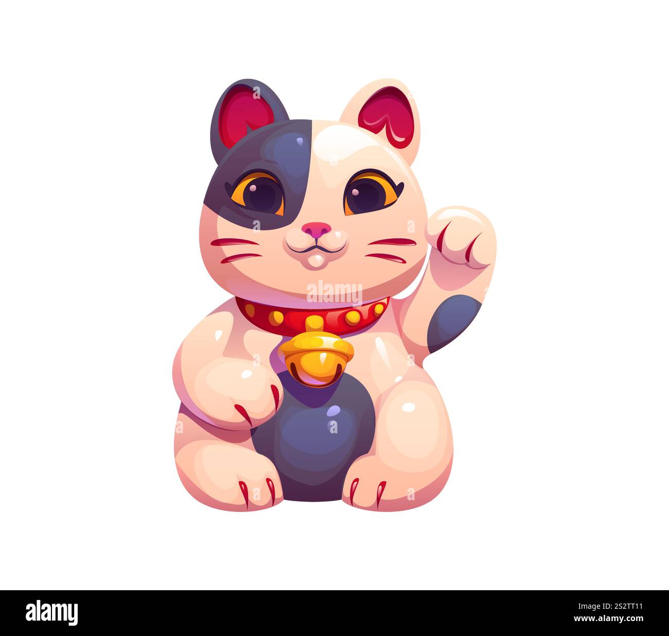 Cartoon lucky Japanese Maneki Neko cat. Isolated vector souvenir or talisman with raised paw and ...