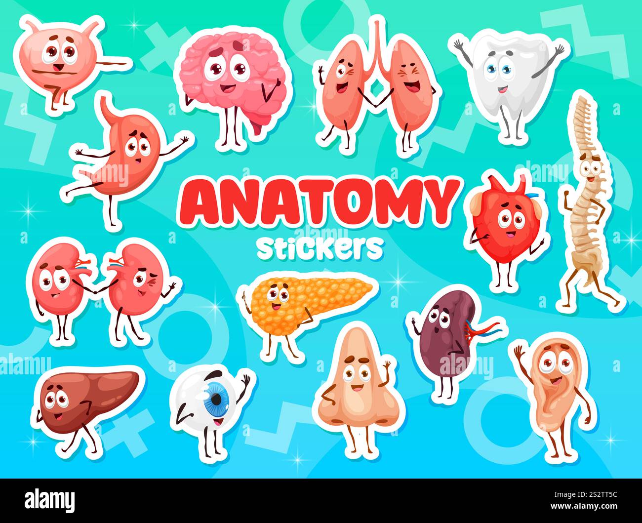 Cartoon human organ characters stickers pack. Human body anatomy ...