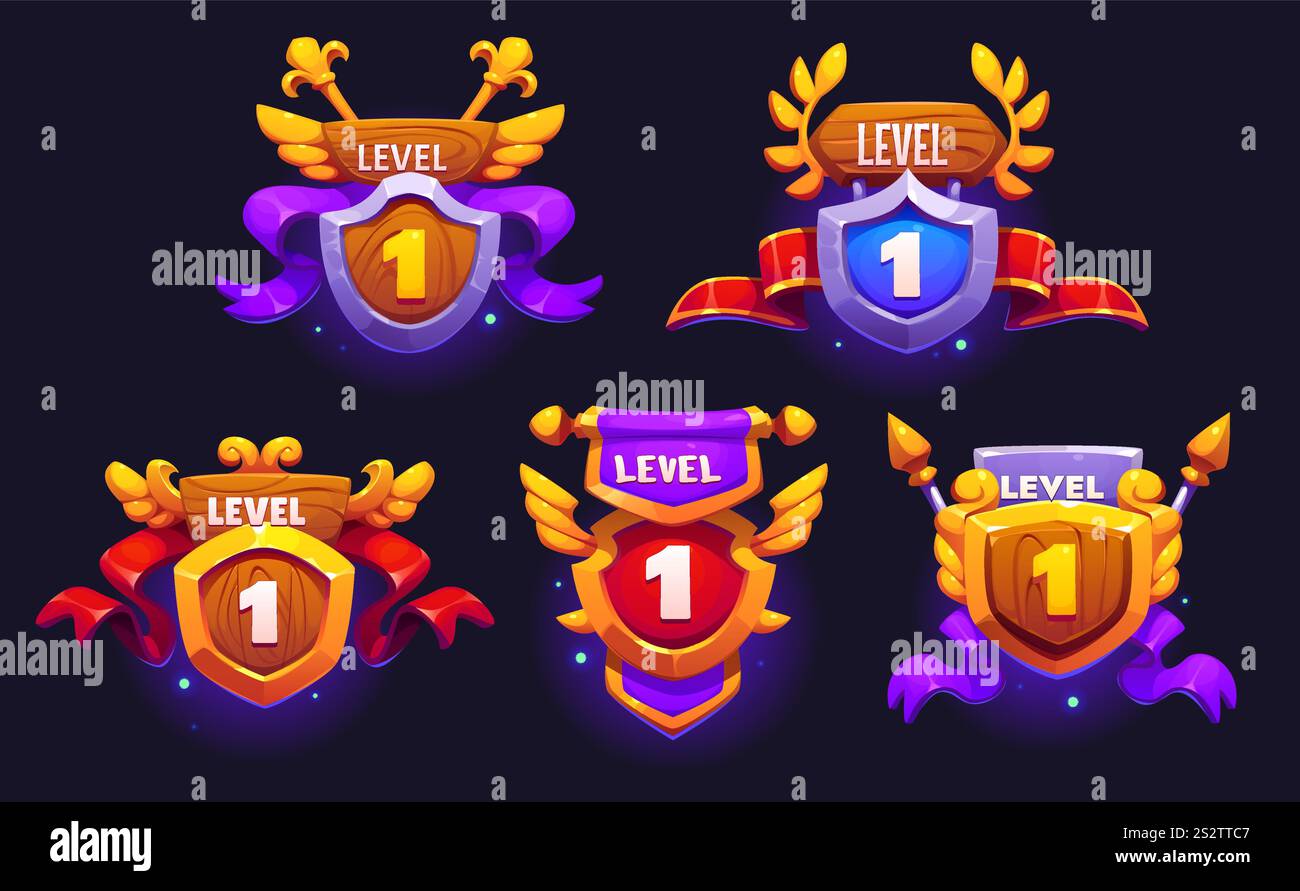 Game level up badge icons, victory rank shields asset. Cartoon vector ...