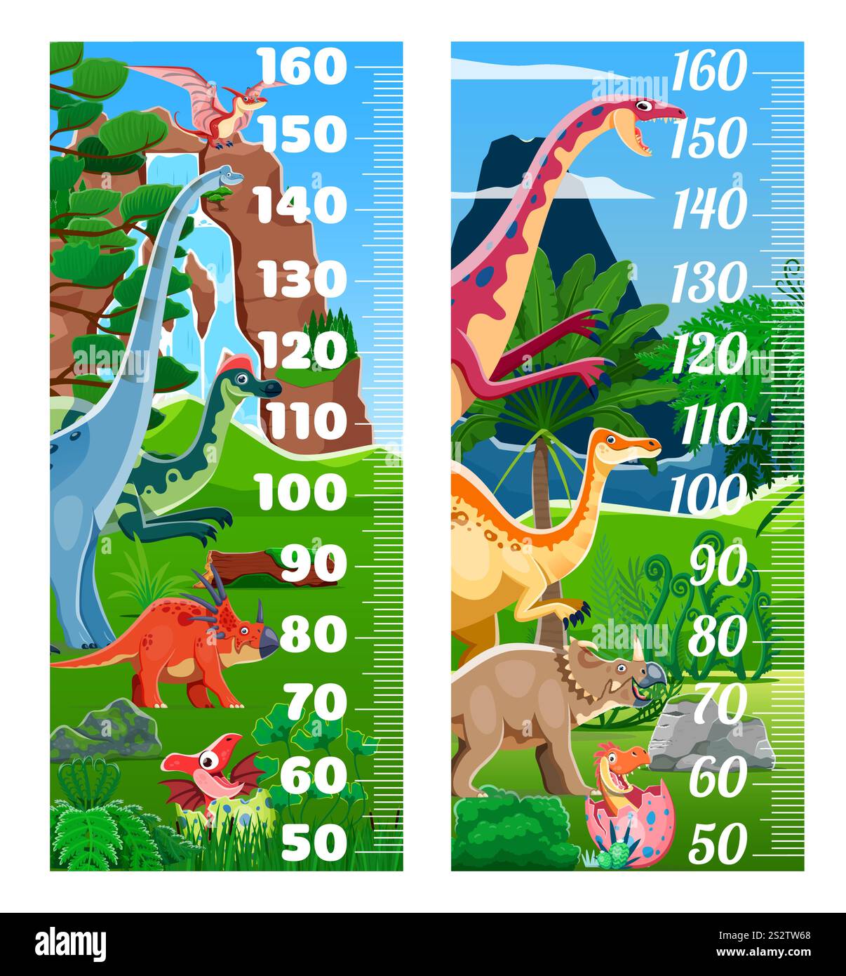 Kids height chart ruler with funny dinosaurs against a lush tropical ...