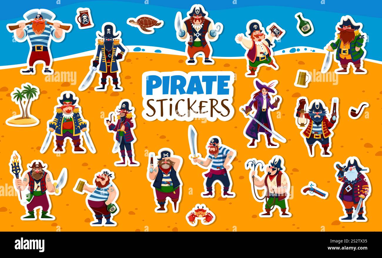 Cartoon pirate and corsair characters stickers. Vector patches with ...