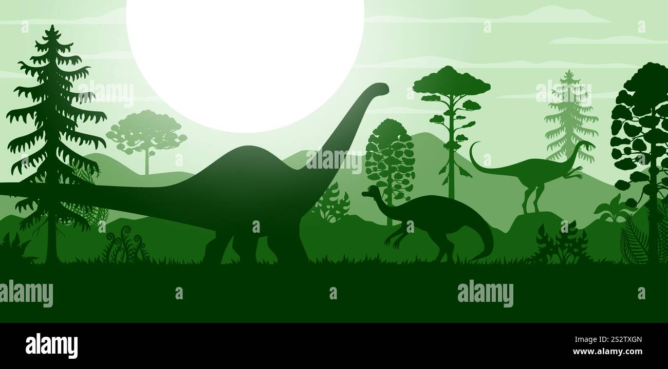 Prehistoric dinosaurs and trees silhouettes. Jurassic dino animals and ...