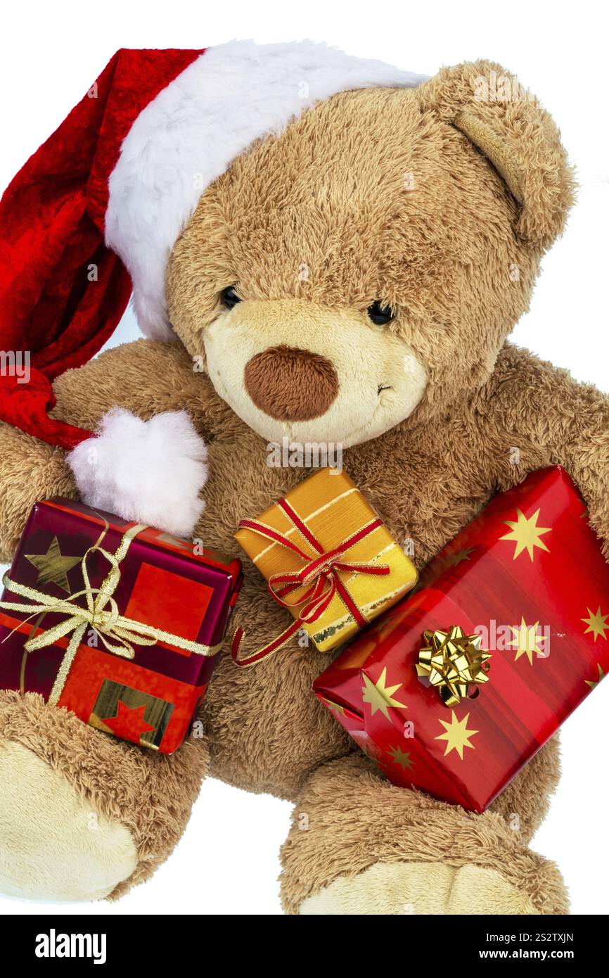 A teddy bear with presents for Christmas. Dressed up as Father ...
