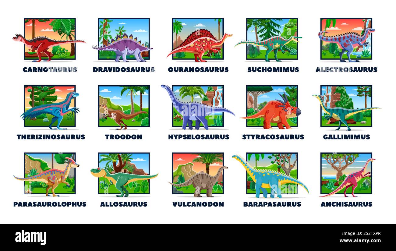 Prehistoric dinosaur characters and cartoon Jurassic lizards collection ...