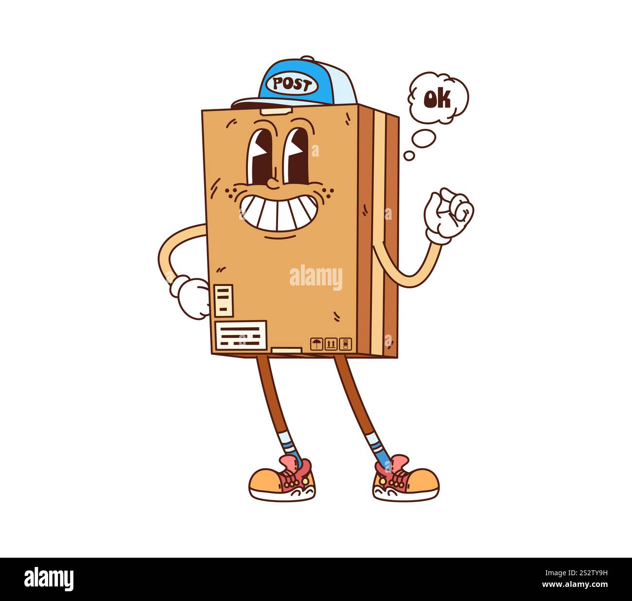 Cartoon groovy delivery cardboard box courier character. Vector package ...