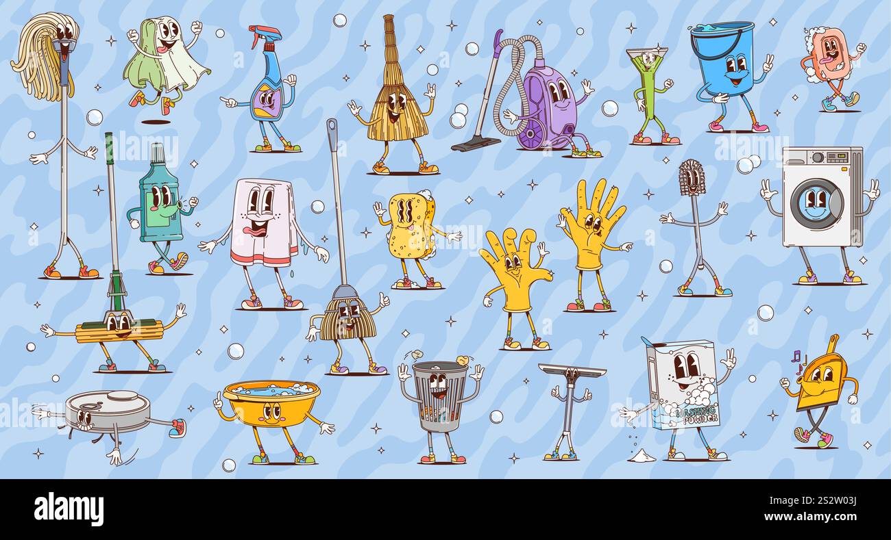 Cartoon housekeeping and cleaning groovy characters. Retro psychedelic ...