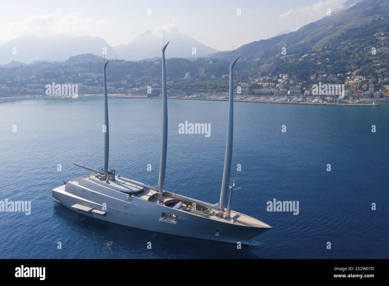 Aerial view 143 metre long three-master Sailing Yacht A, the largest ...