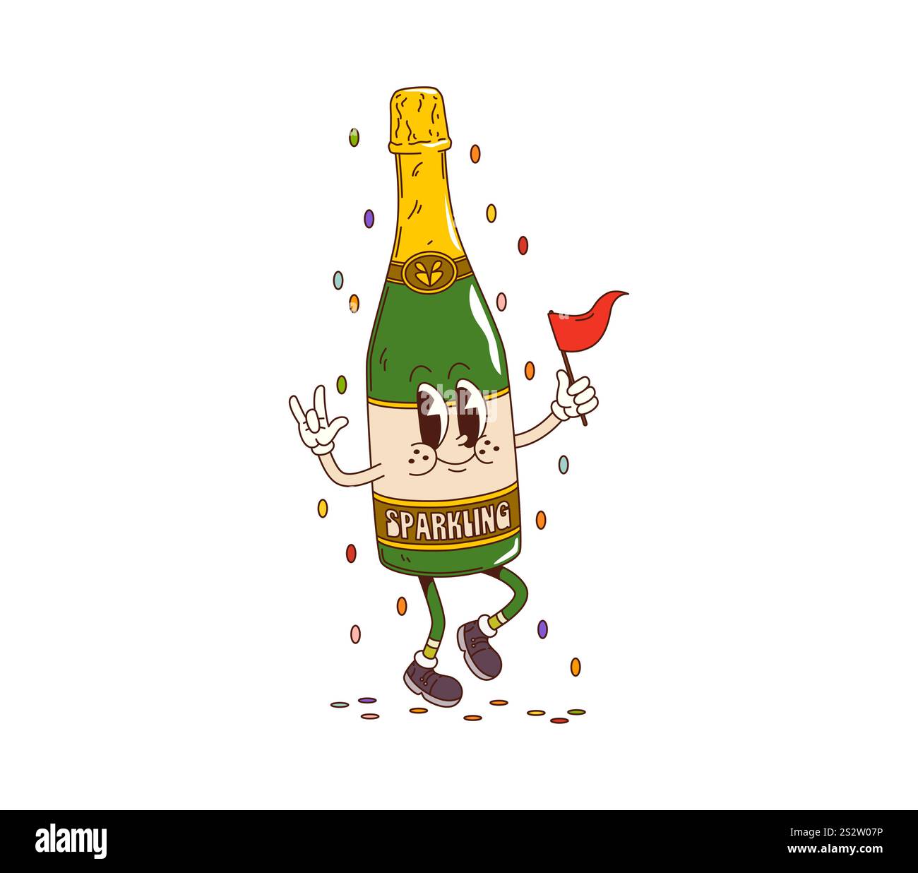 Cartoon groovy sparkling wine bottle character. Champagne flask retro ...