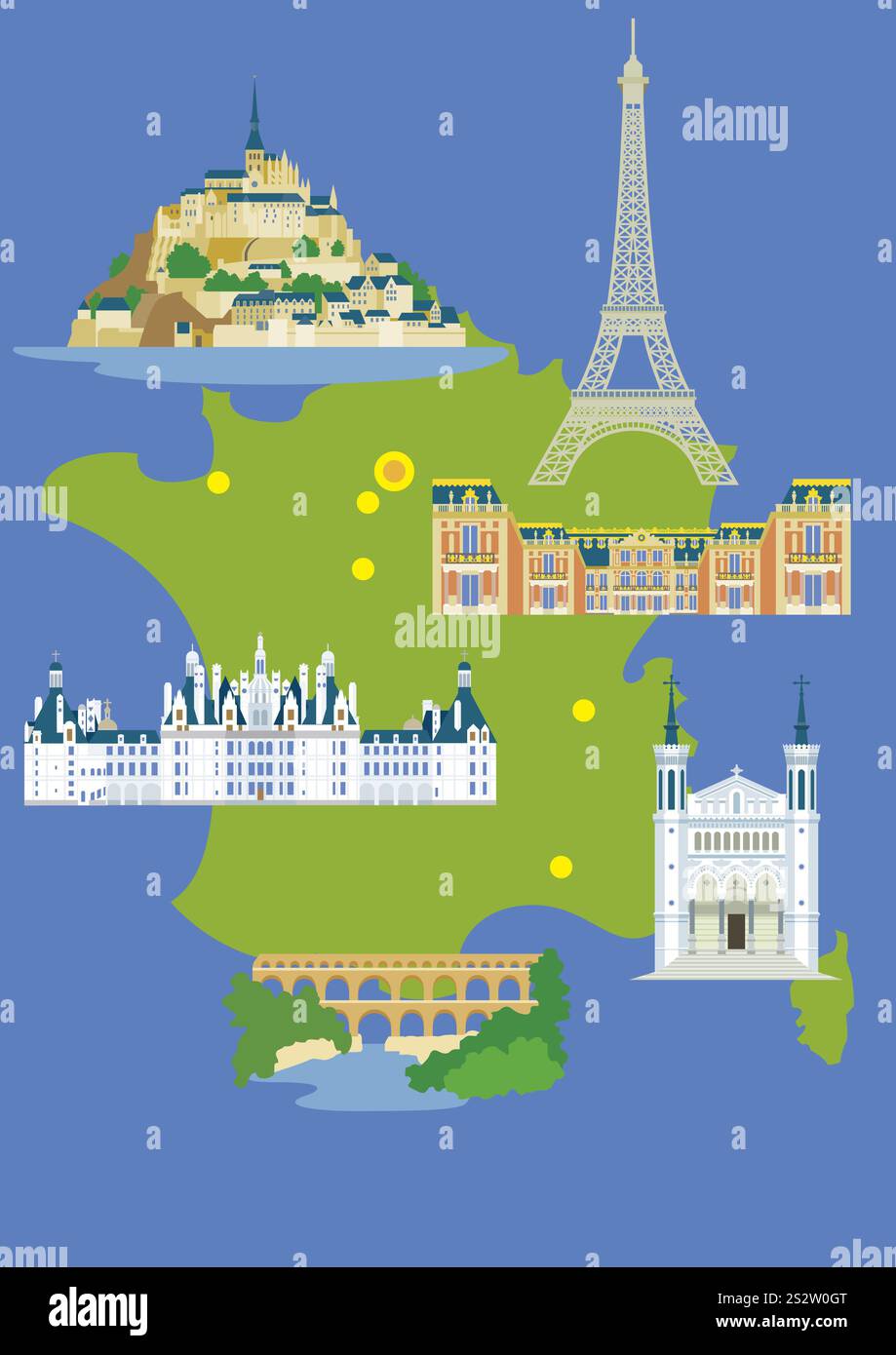 France Tourist attractions set with map Stock Photo - Alamy