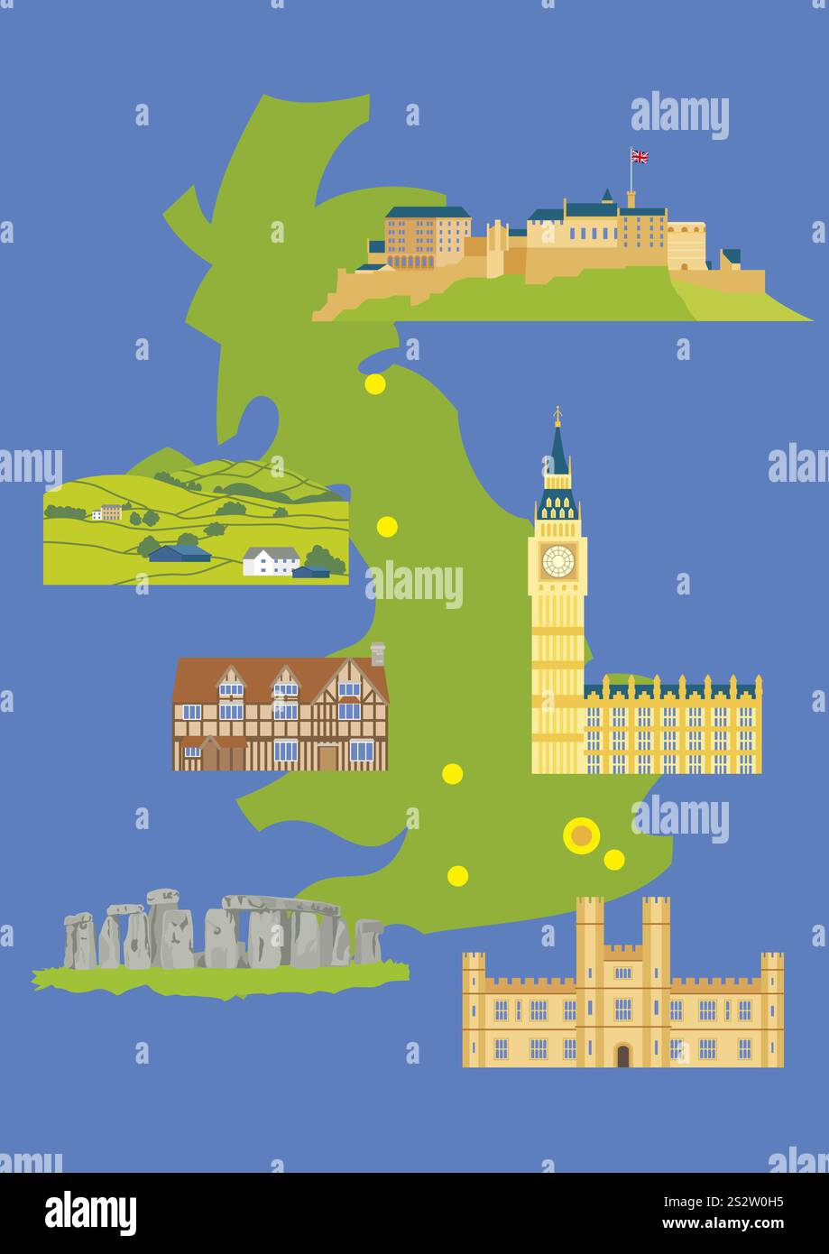 Set of tourist attractions in Britain (with map Stock Photo - Alamy
