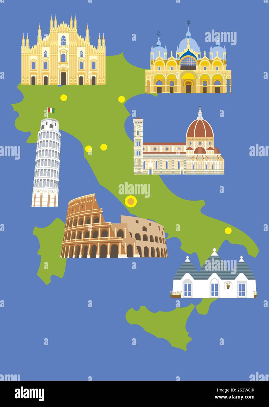 Set of tourist attractions in Italy, with map Stock Photo - Alamy