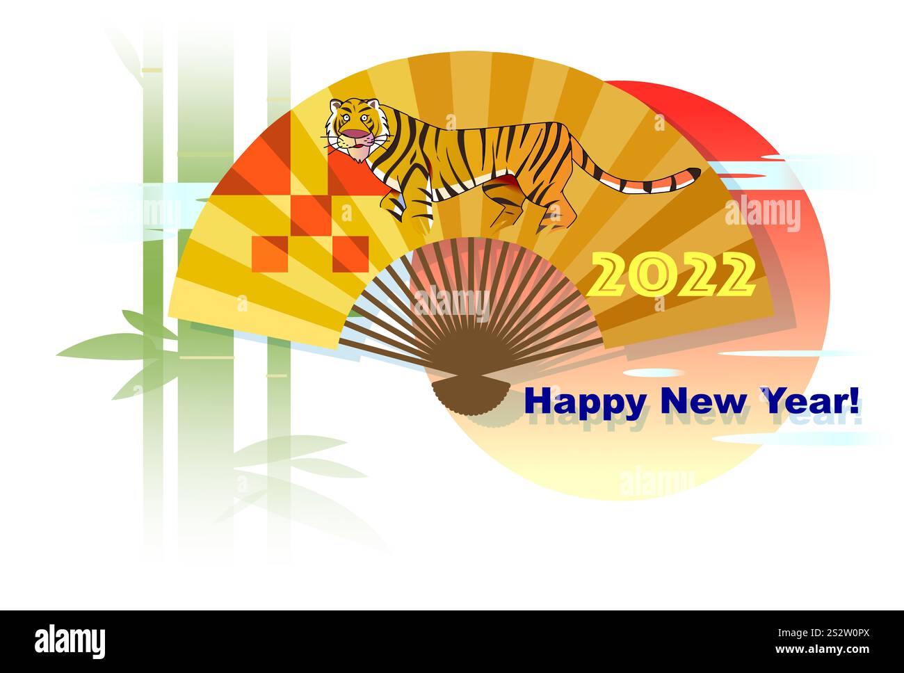 New Year greeting card template, Tiger and checkered golden fan Stock ...