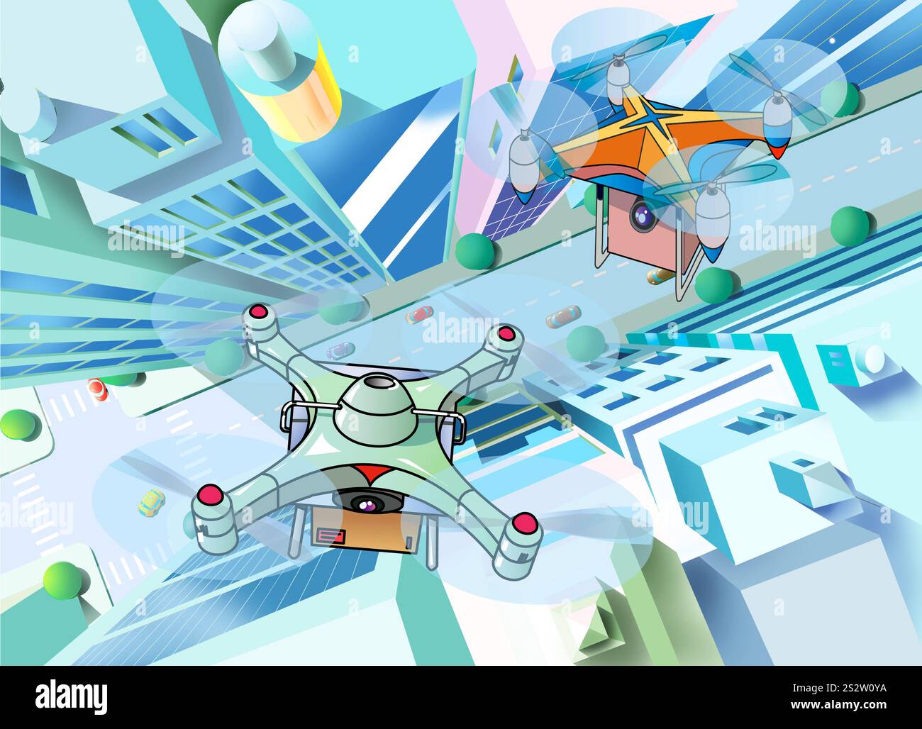 Drones fly over the city's buildings Stock Photo - Alamy