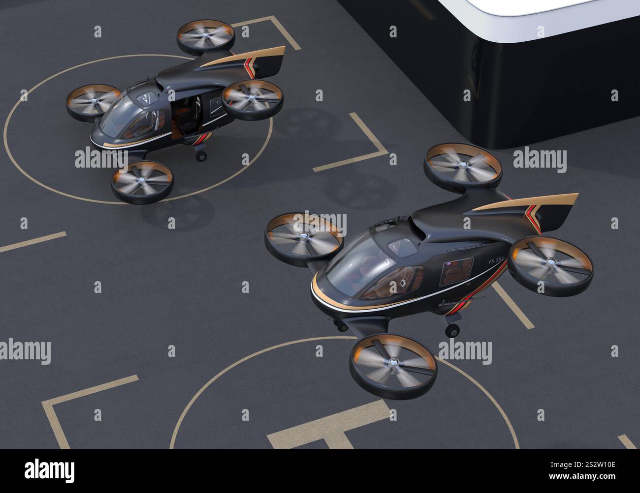 Large passenger drone waiting at a drone port. Flying taxi concept ...