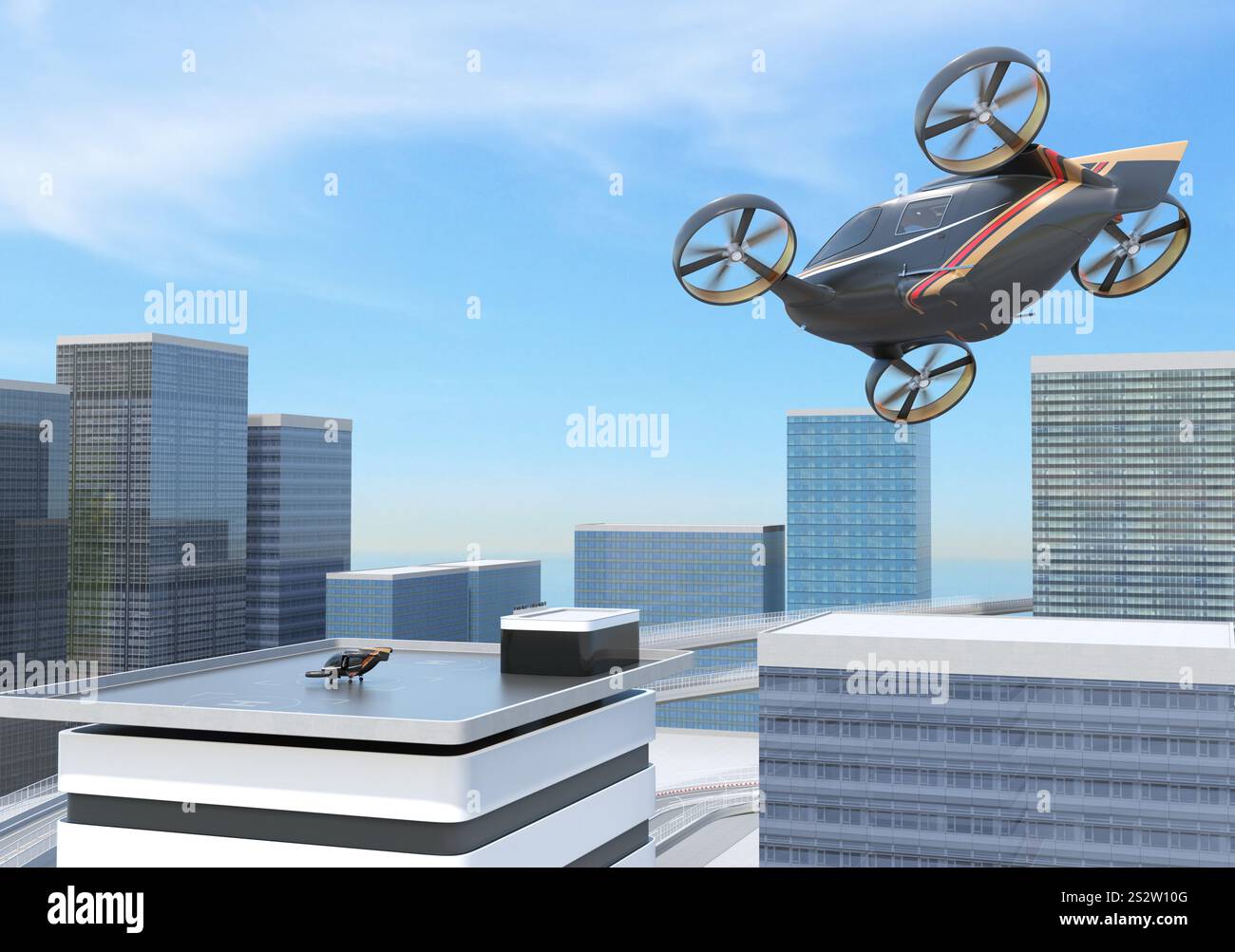 Large passenger drone poised to land at the drone port on the rooftop ...