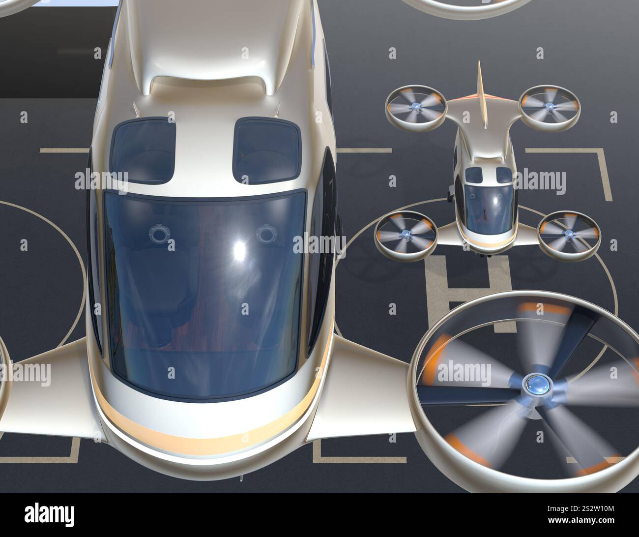 Large passenger drone taking off from a drone port on a rooftop. Flying ...