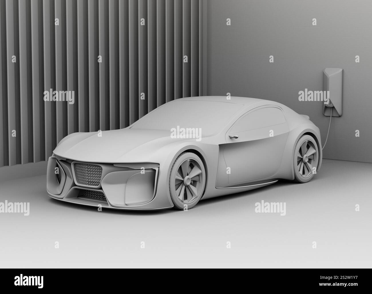 Clay rendering image of an electric sports car charging on a home ...