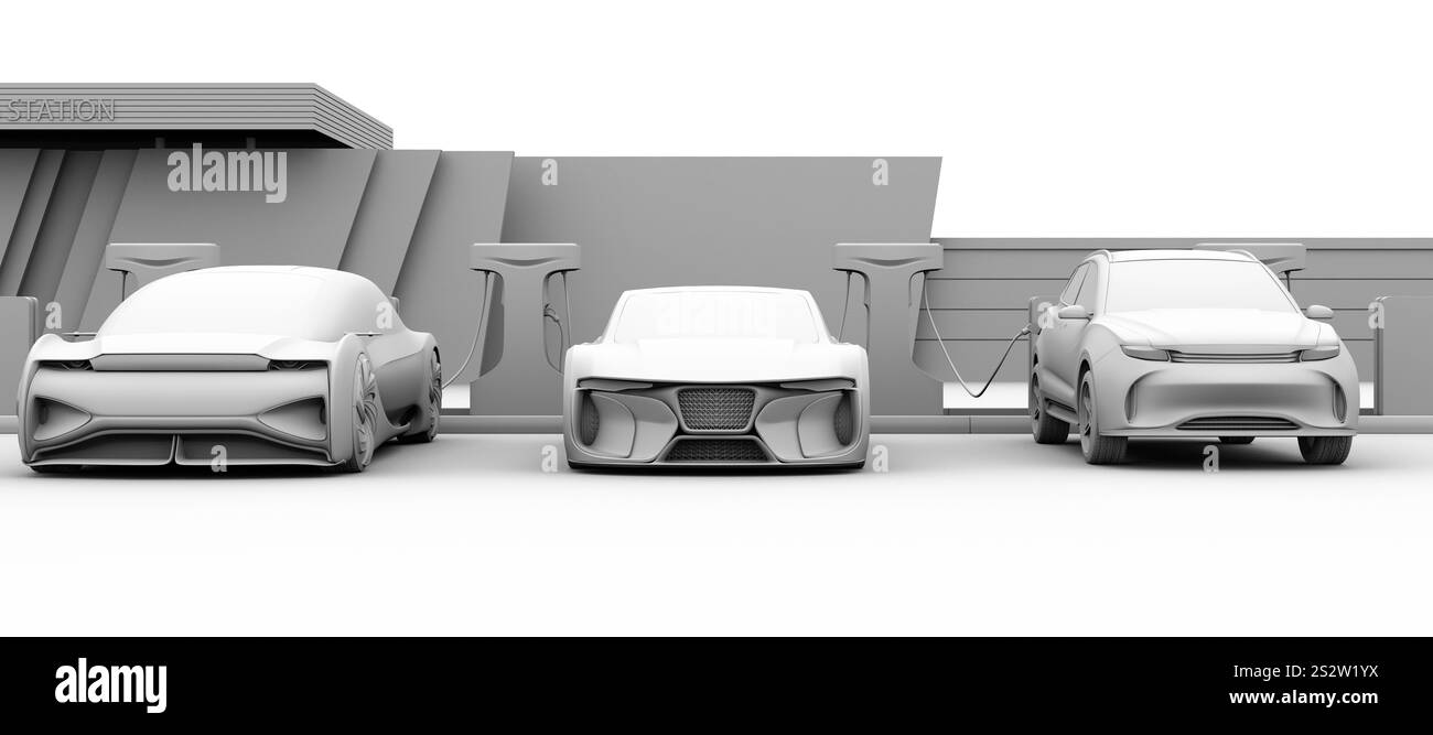 Clay rendering image of an electric sports car charging at a charging ...