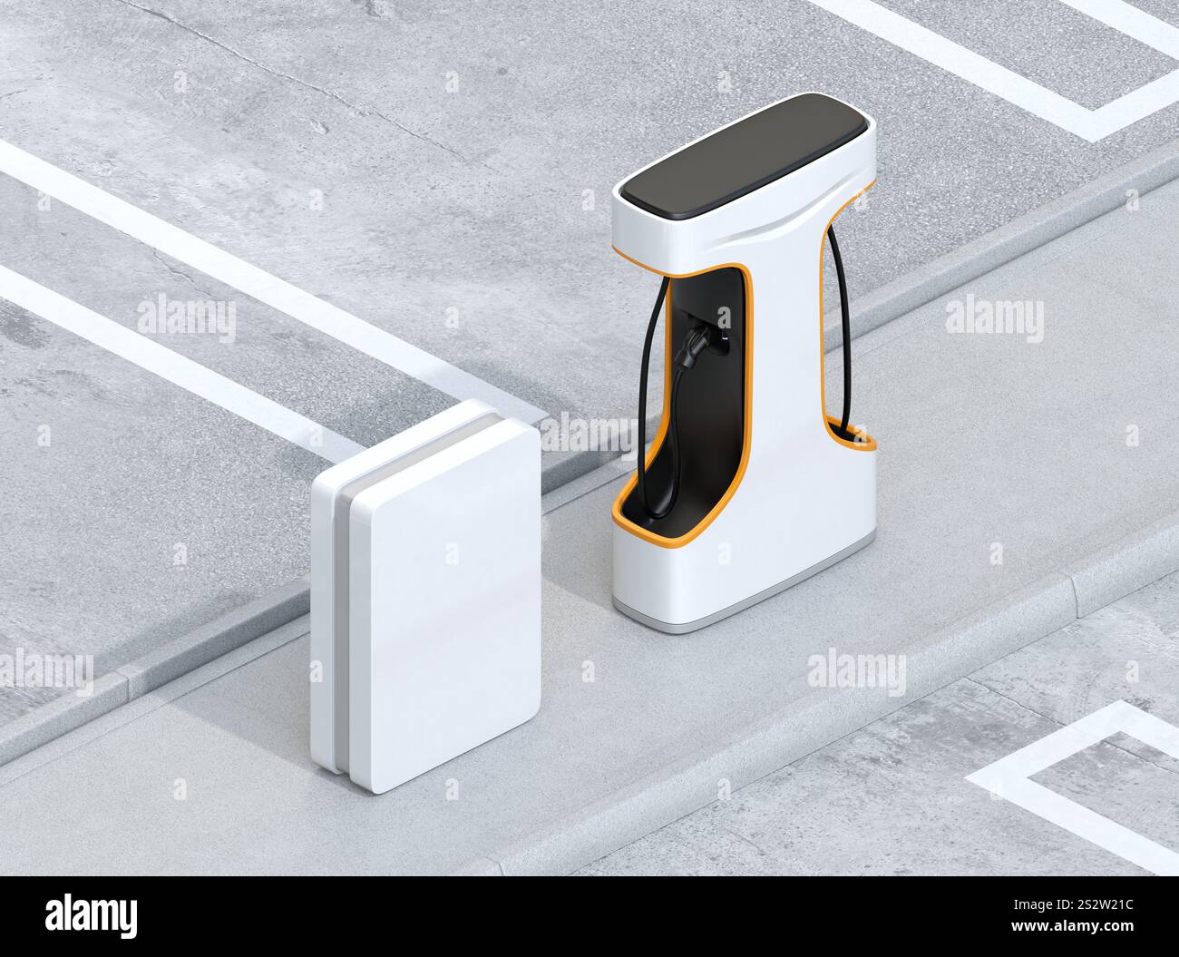 Isometric image of a charging station equipped with a quick charger and ...