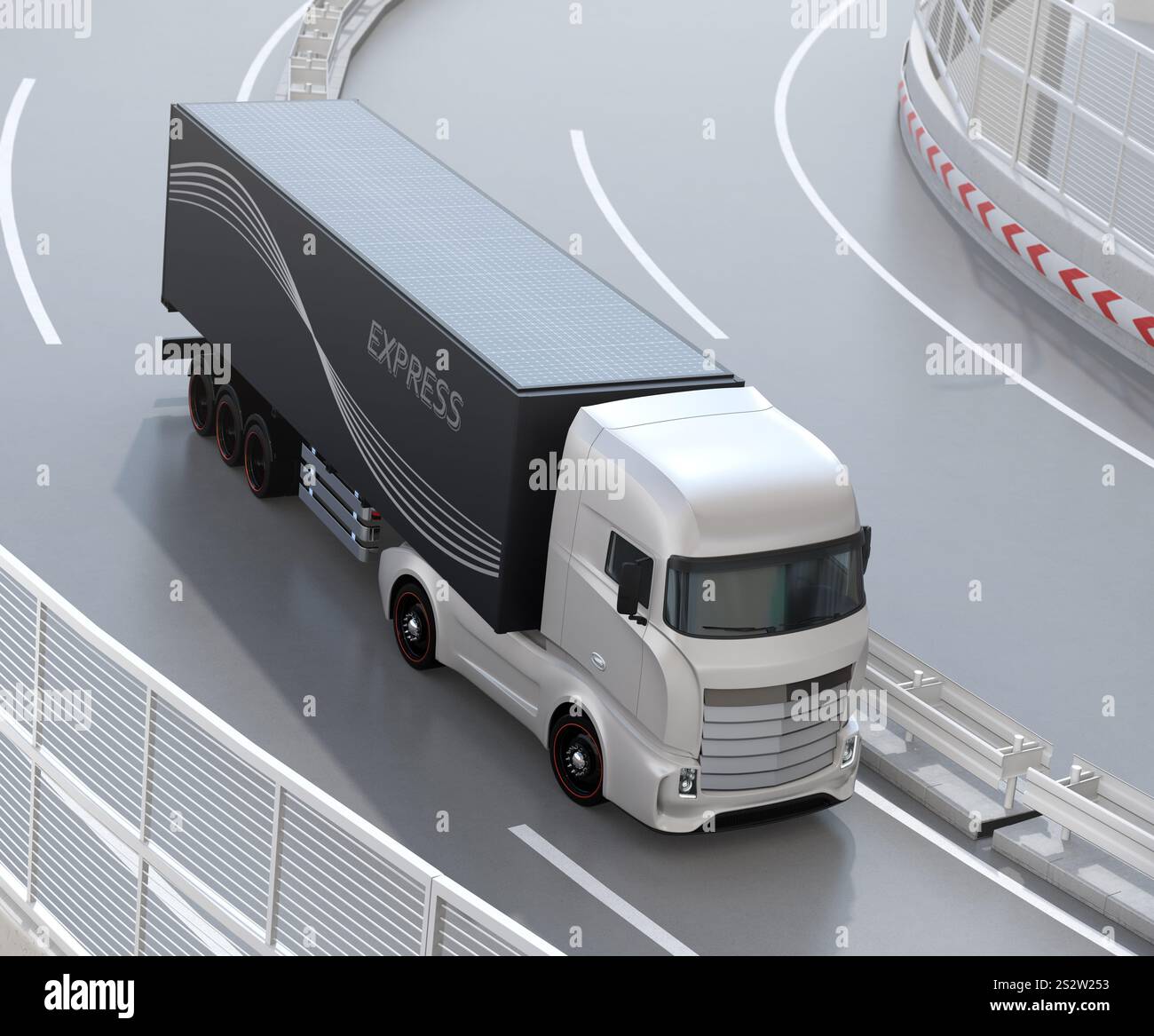 Large electric truck travelling on the motorway, container equipped ...