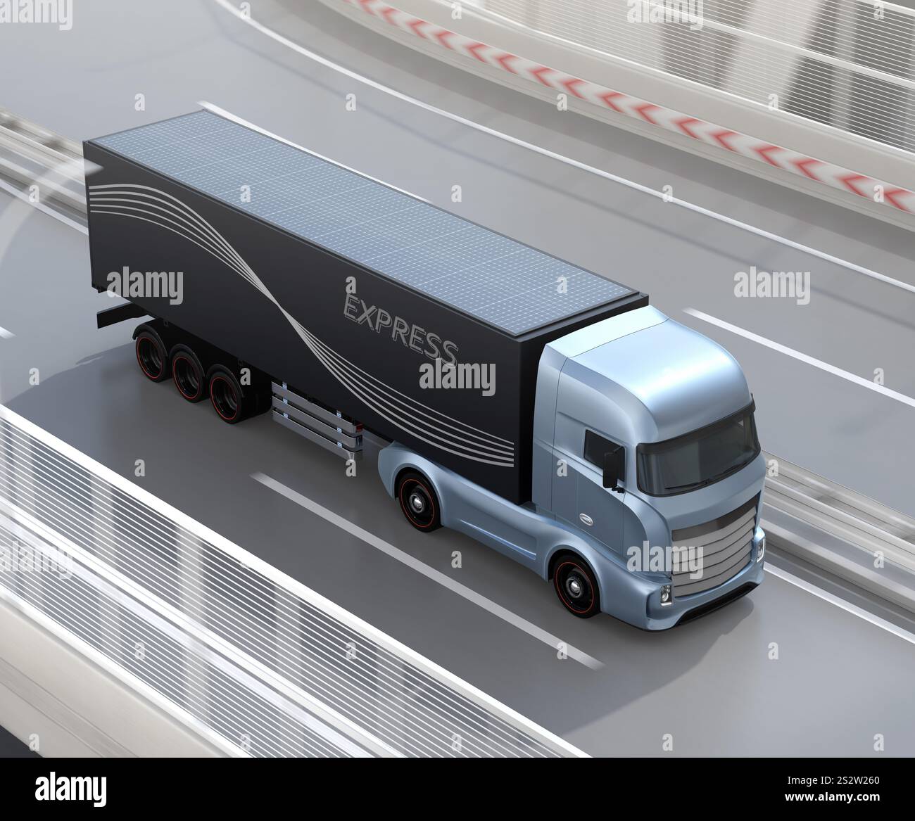 Large electric truck travelling on the motorway, container equipped ...