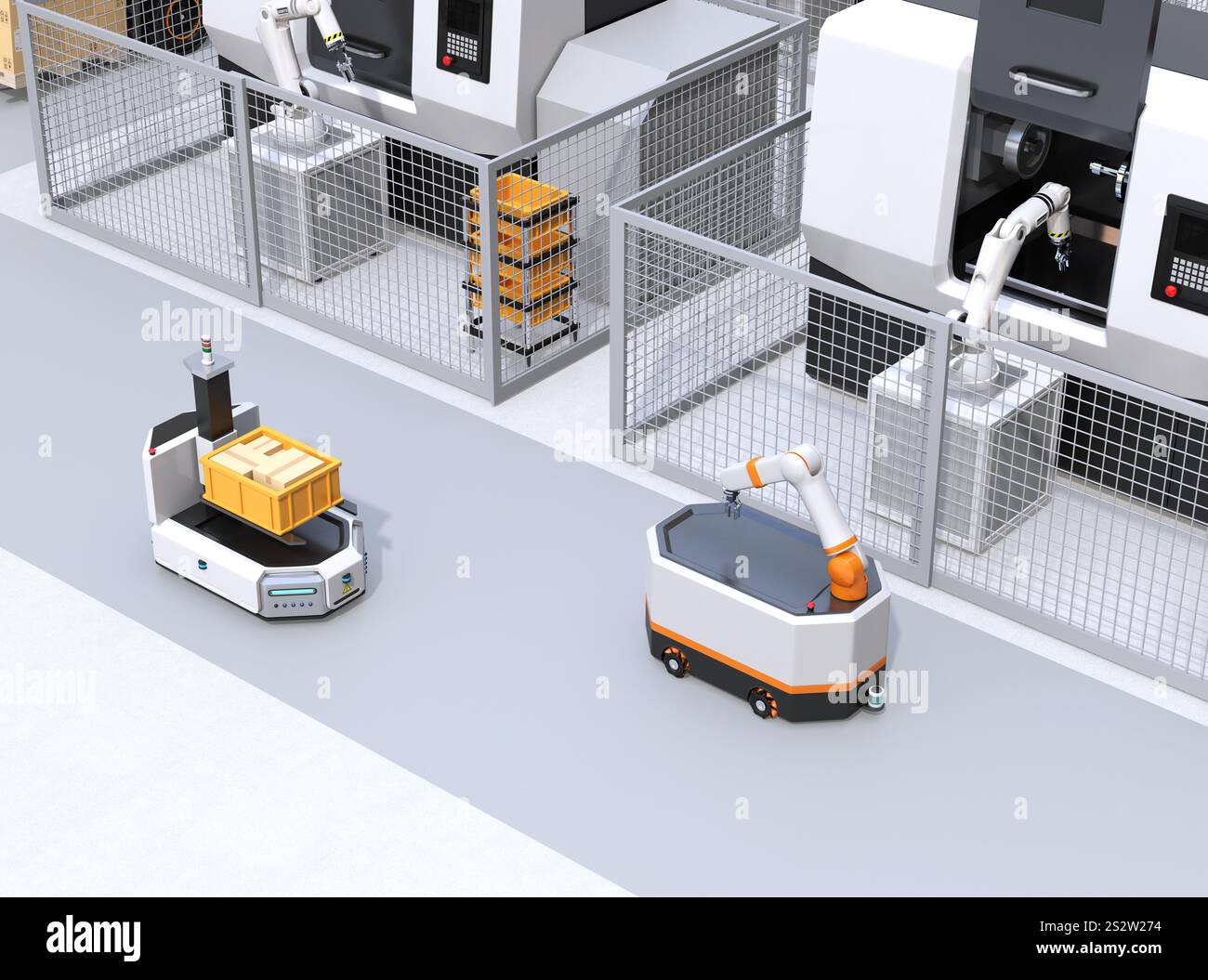 Concept image of a smart factory with AGV unmanned guided vehicles ...