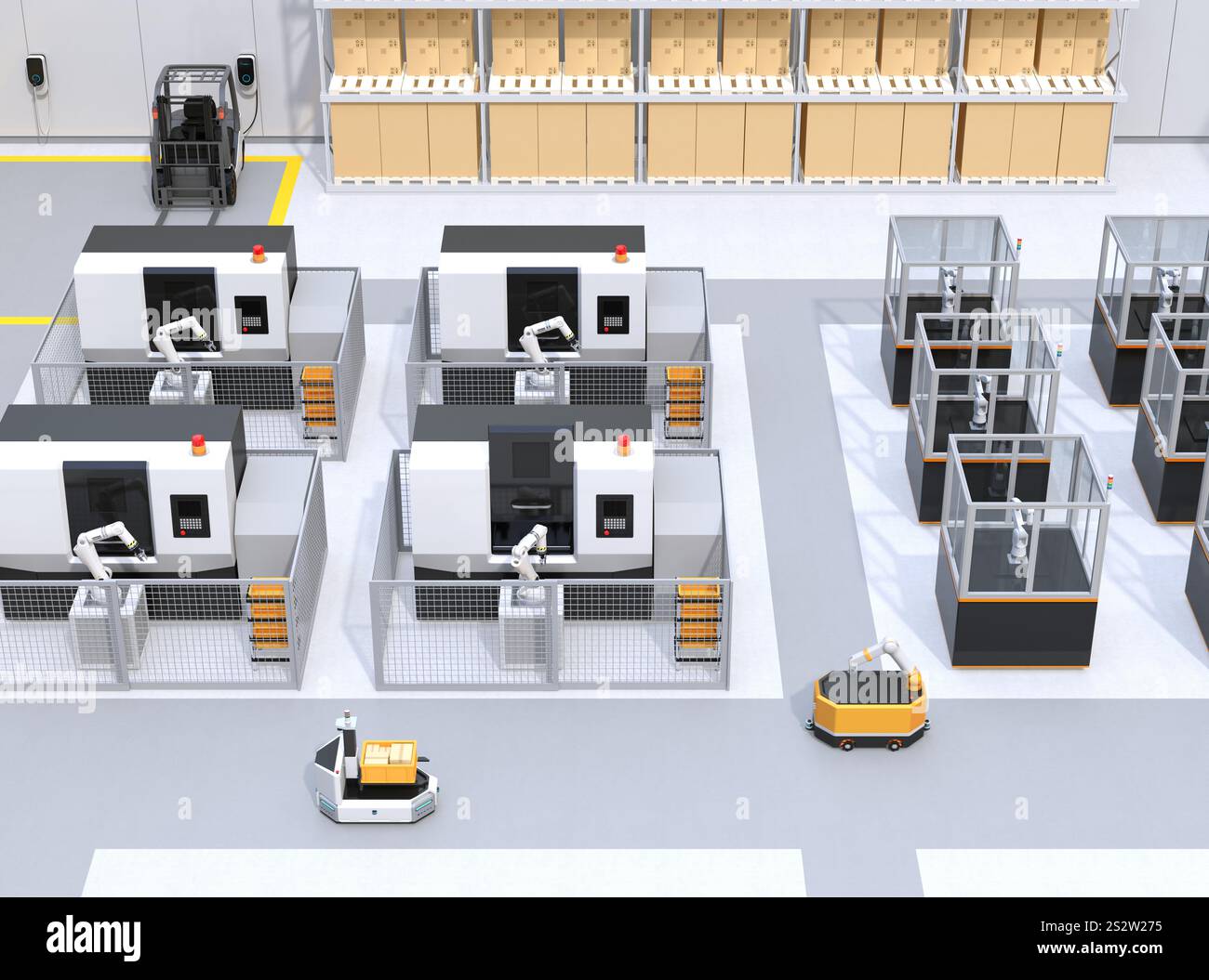 Concept image of a smart factory with AGV unmanned guided vehicles ...