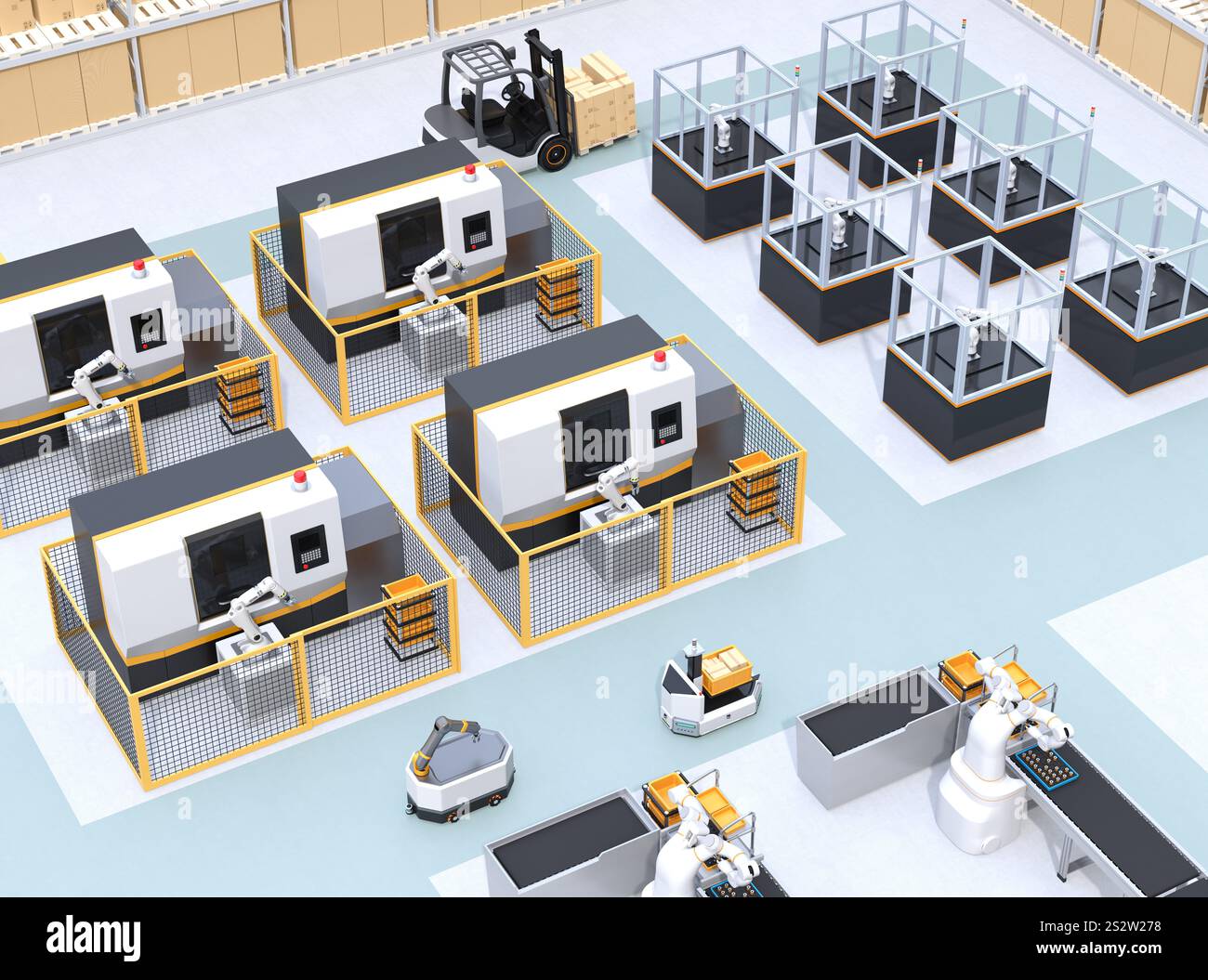 Concept image of a smart factory with AGV unmanned guided vehicles ...