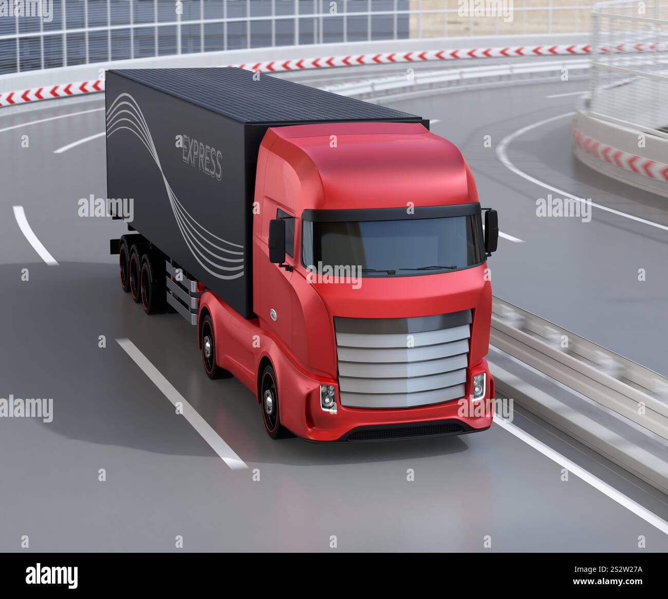 Large electric truck travelling on the motorway, with solar panels on ...