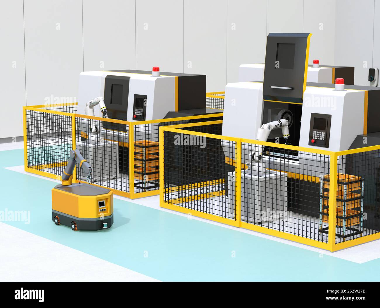 Concept image of a smart factory with AGV unmanned guided vehicles ...