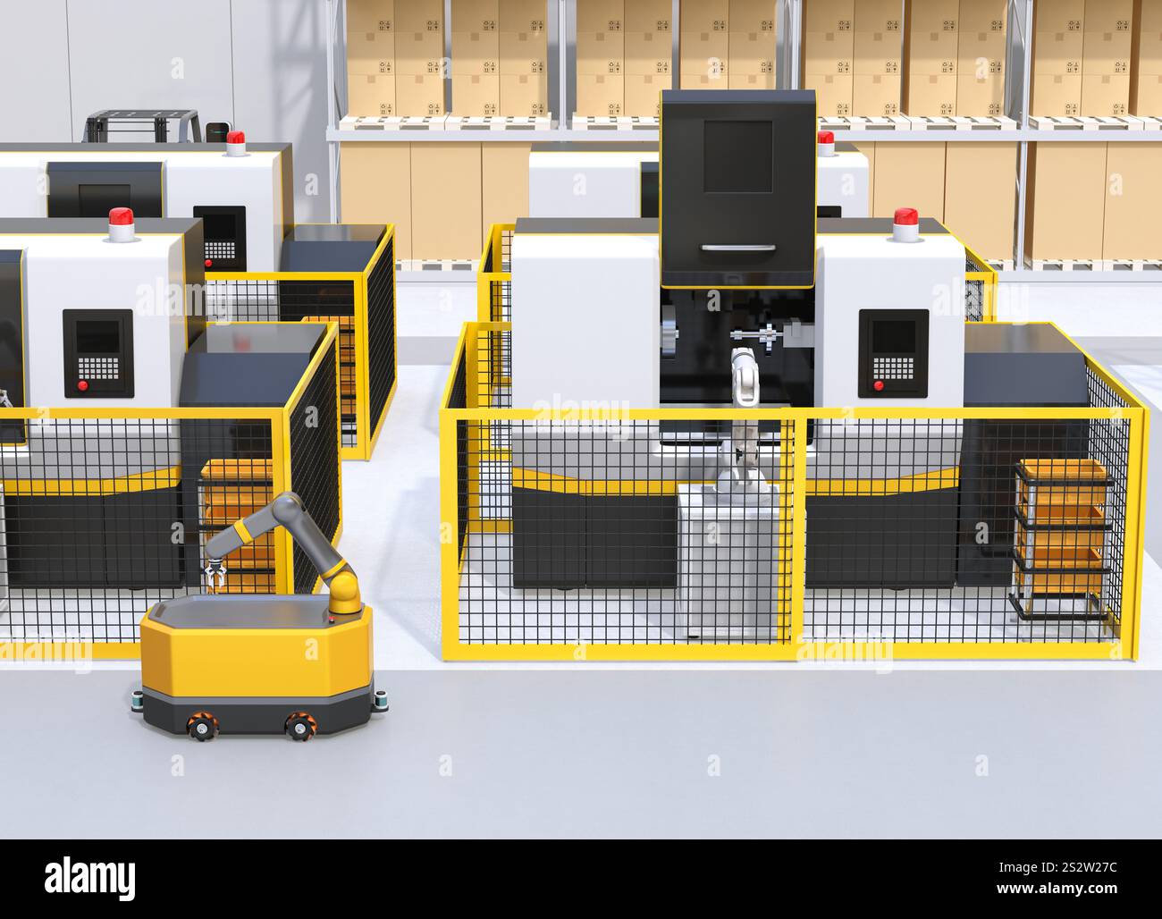 Concept image of a smart factory with AGV unmanned guided vehicles ...