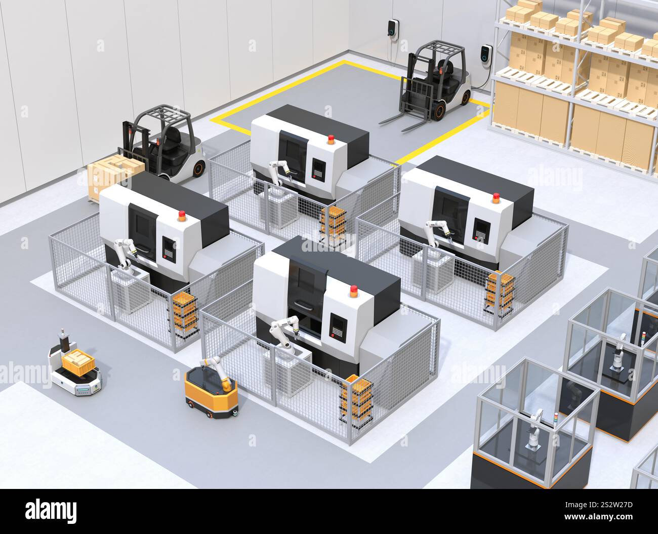 Concept image of a smart factory with AGV unmanned guided vehicles ...