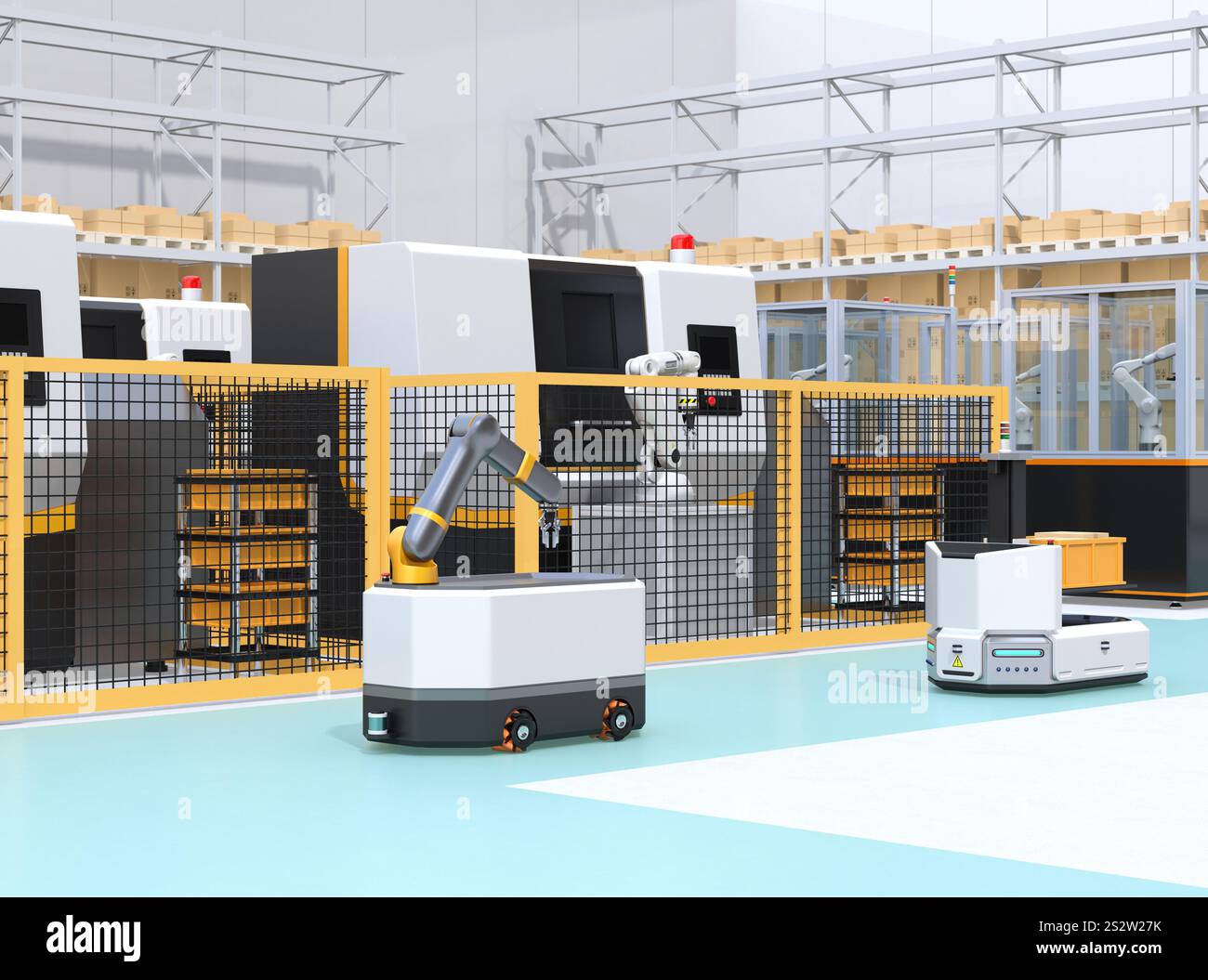 Concept image of a smart factory with AGV unmanned guided vehicles ...