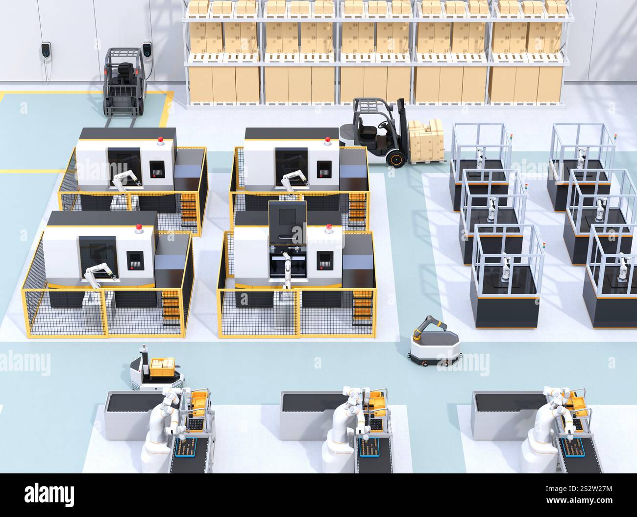 Concept image of a smart factory with AGV unmanned guided vehicles ...
