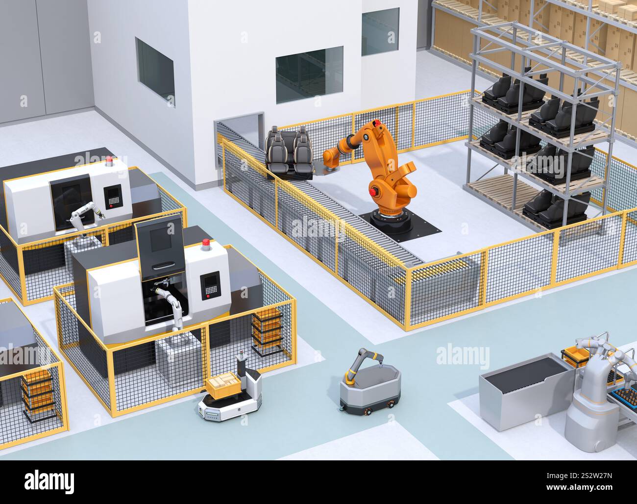 Smart factory with cooperative twin-arm robots, AGV AGVs, machining ...