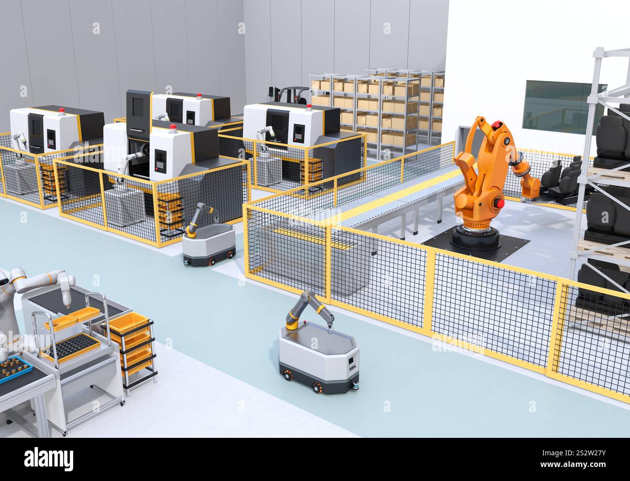 Smart factory with cooperative twin-arm robots, AGV AGVs, machining ...