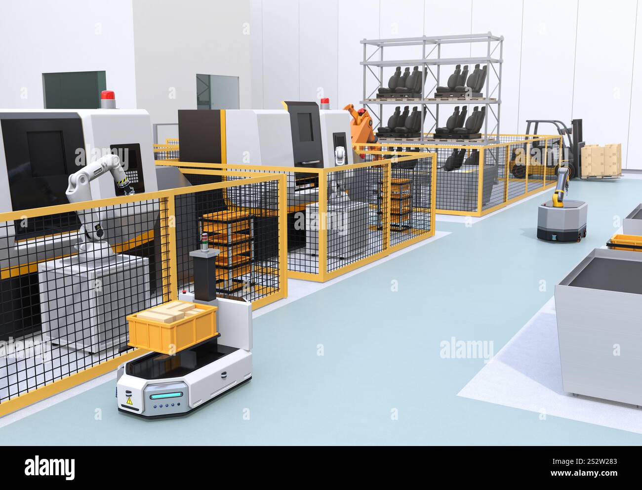 Concept image of a smart factory equipped with AGVs and large ...