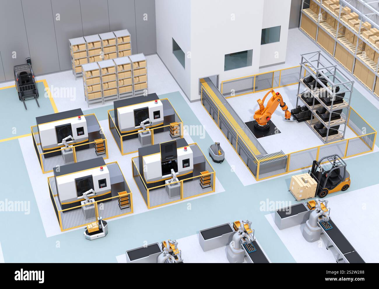 Smart factory with cooperative twin-arm robots, AGV AGVs, machining ...