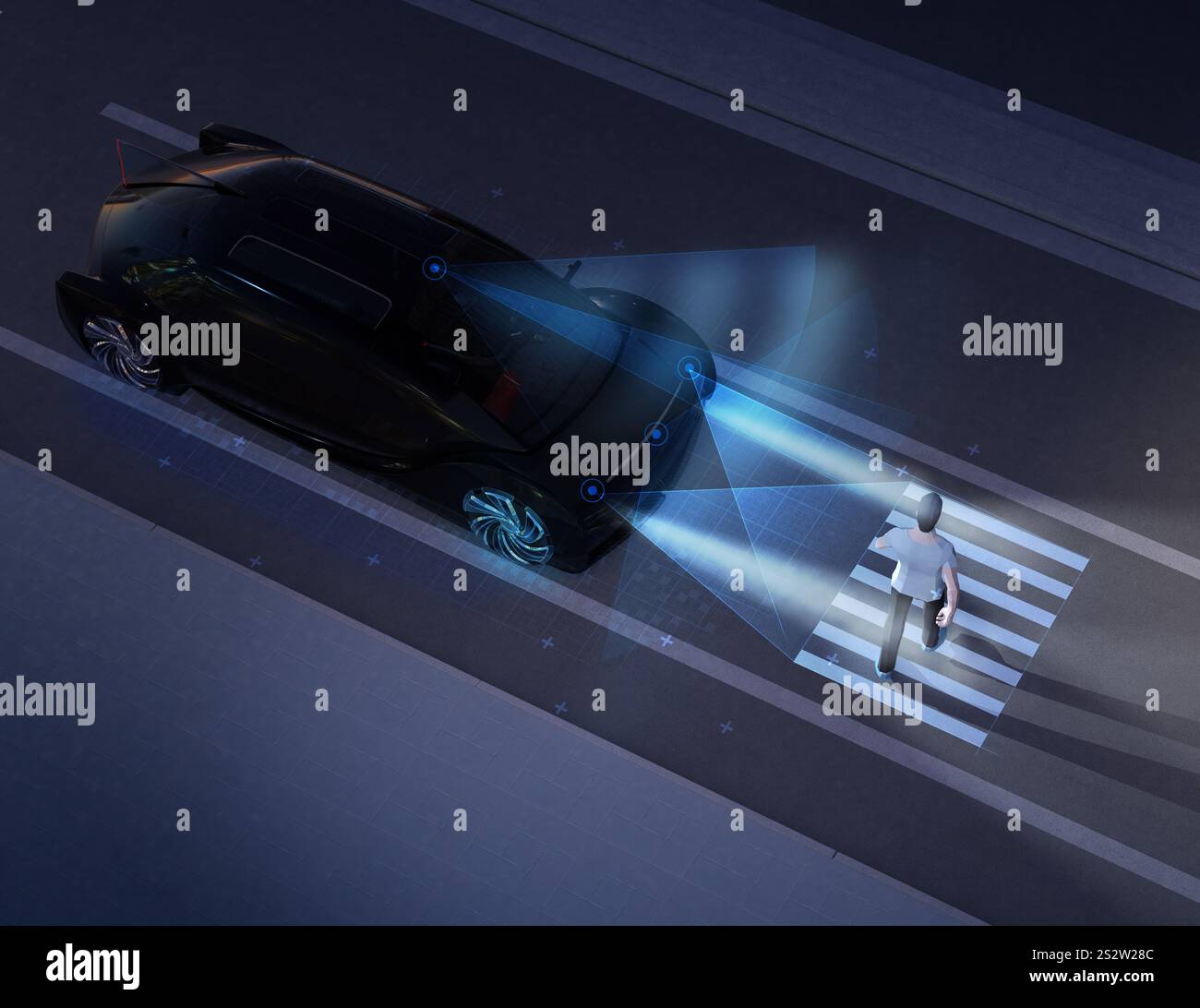 Car comes to a sudden stop in front of a pedestrian crossing the road ...