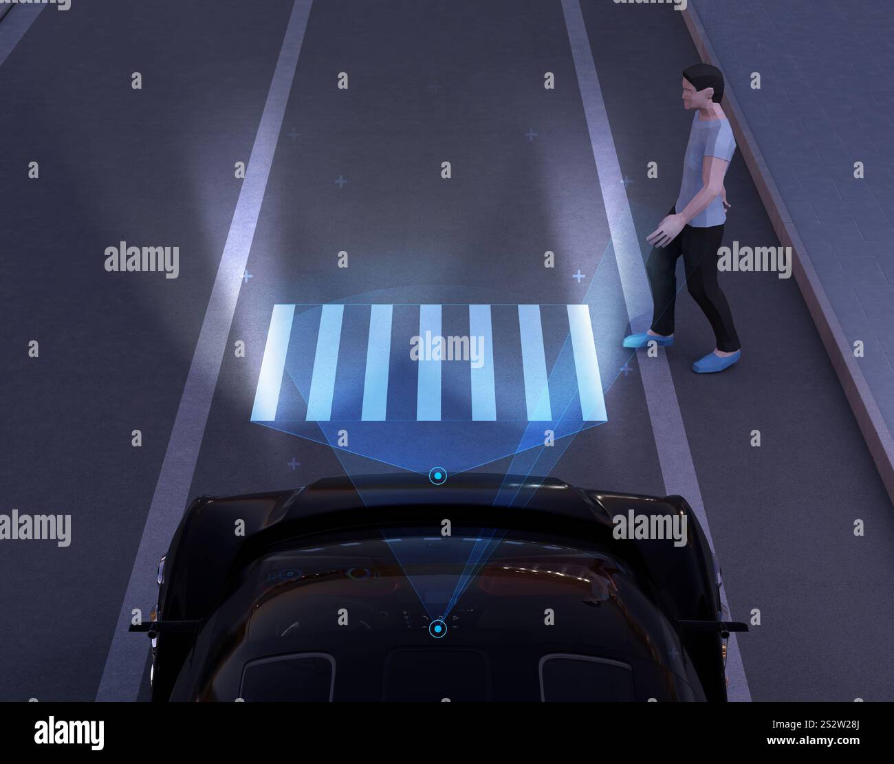 Car comes to a sudden stop in front of a pedestrian crossing the road ...