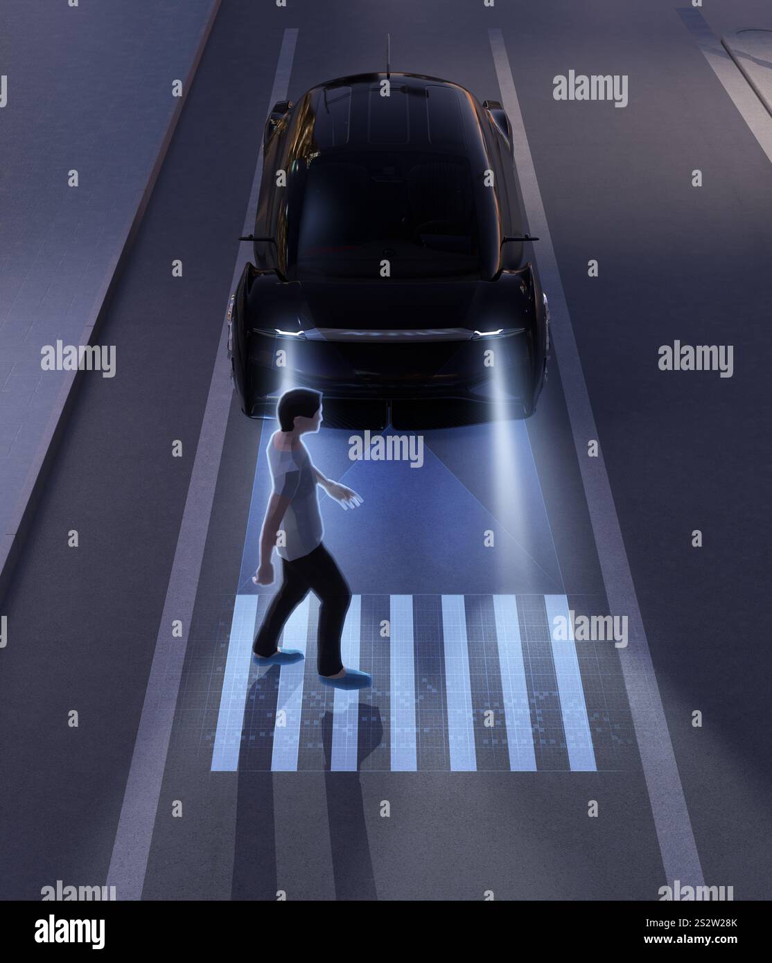 Car comes to a sudden stop in front of a pedestrian crossing the road ...