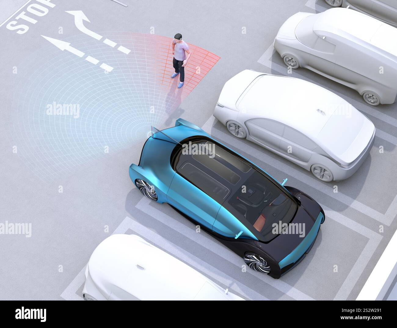 A car backing out senses a person behind and stops. Advanced driving ...