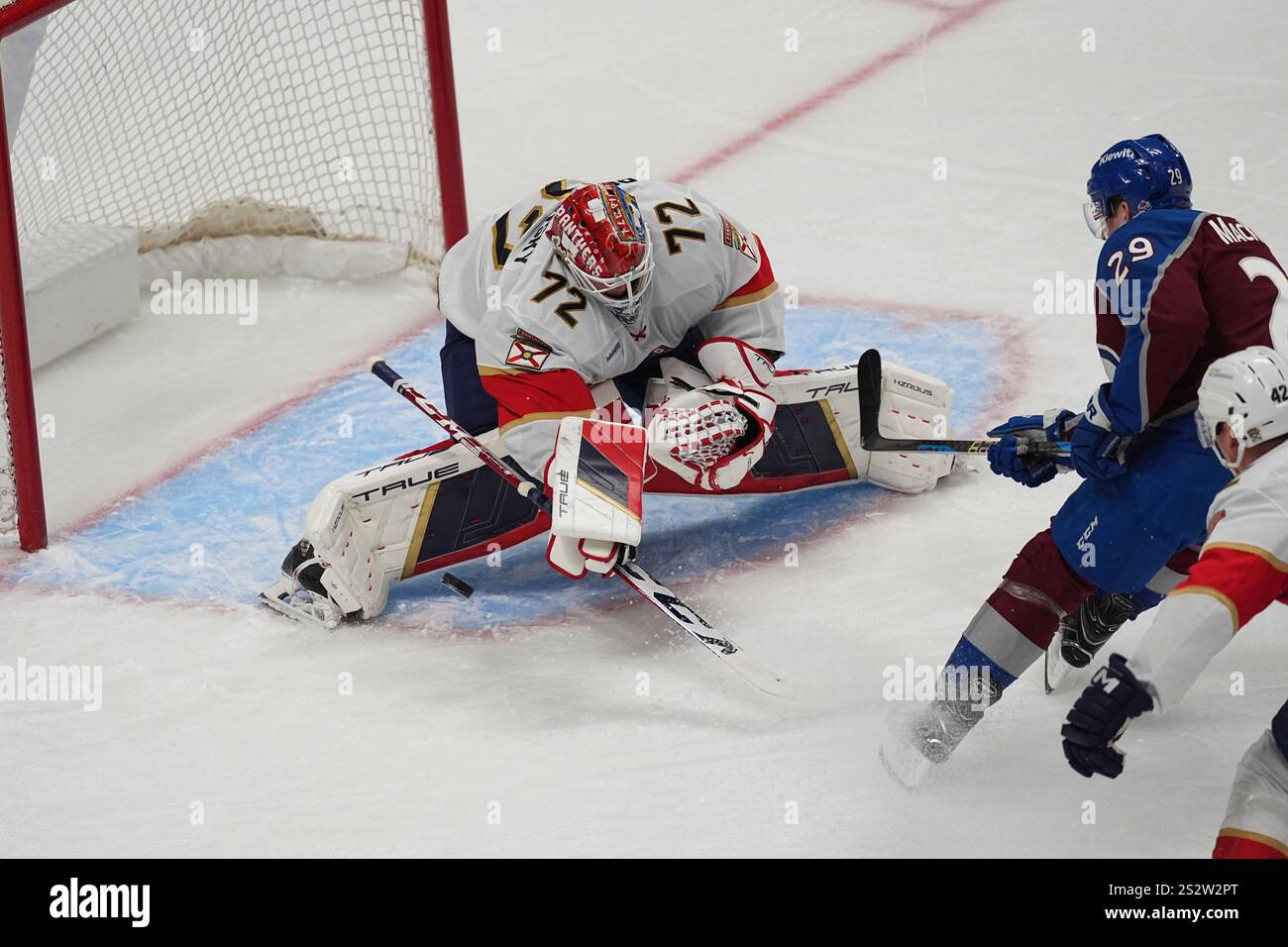 Colorado Avalanche center Nathan MacKinnon (29) puts a shot on Florida ...
